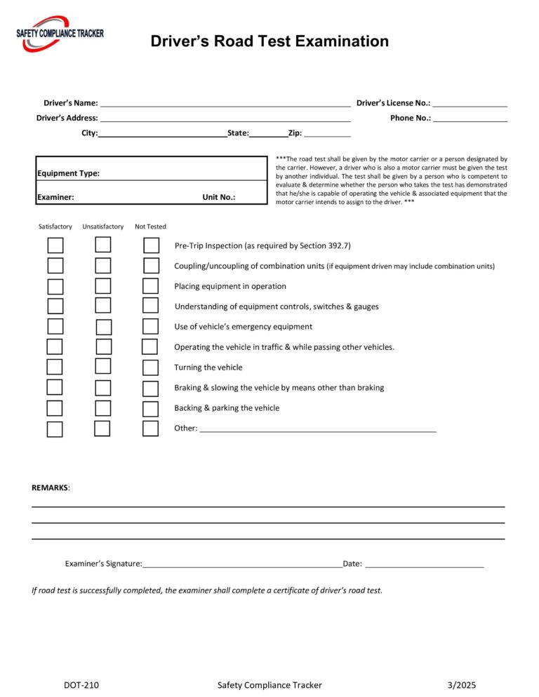 Drivers Road Test Exam – DOT-210 - Safety Compliance Tracker