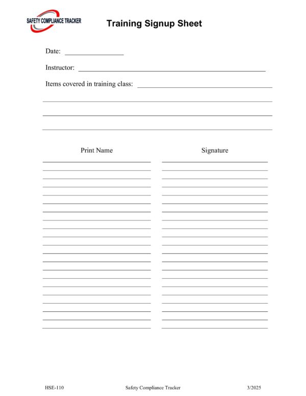 Free Training Sign-Up Sheet PDF | OSHA Safety Training Attendance Form